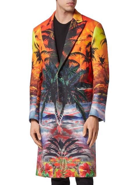Philipp Plein Wool Coat Long Hawaii - Multicolor