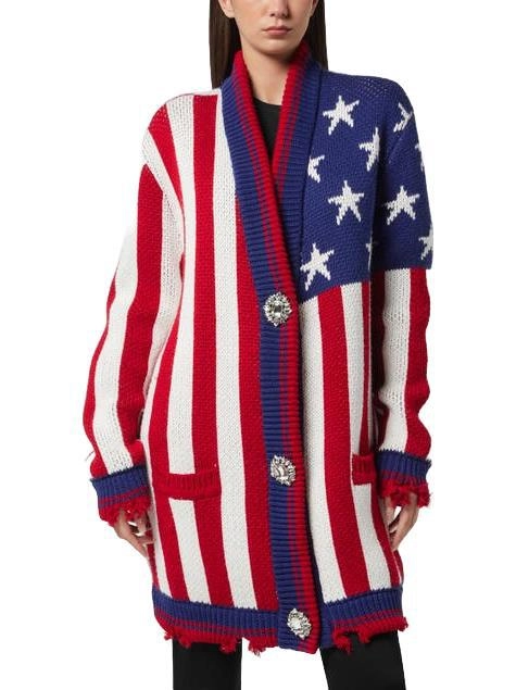 Philipp Plein Distressed Oversize Cardigan America - Red