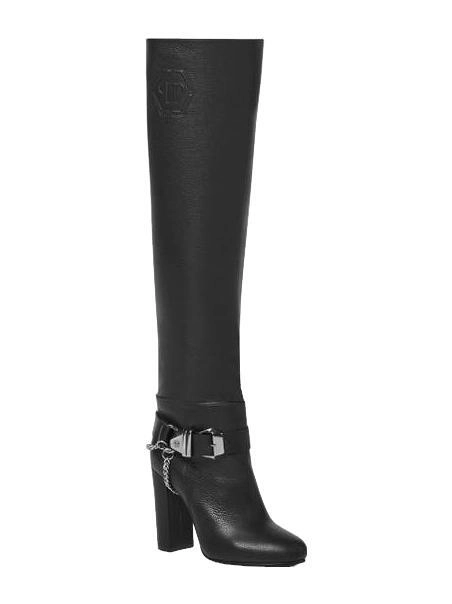 Philipp Plein Leather Boots High Heels High Embossed Hexagon - Black