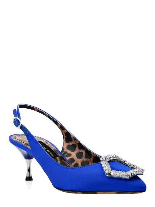 Philipp Plein Satin Decollete Slingback Low Heels Crystal Hexagon - Middleblue