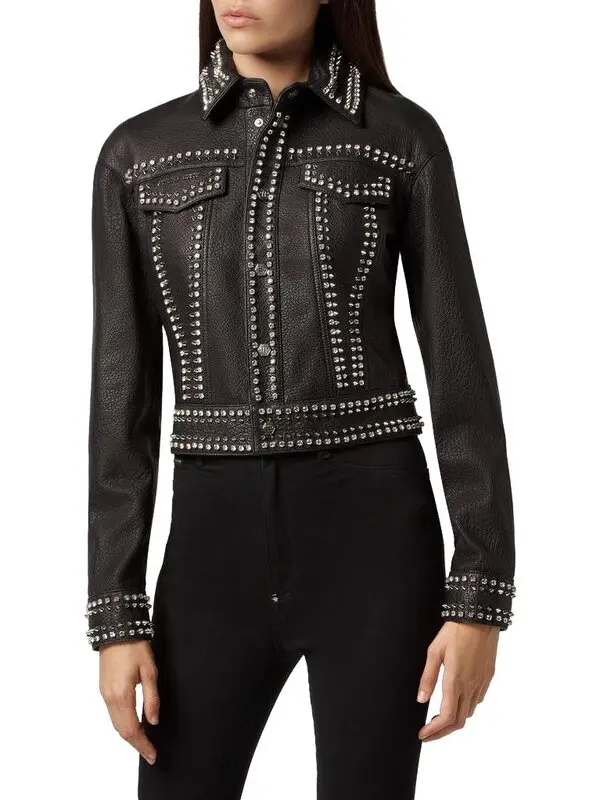 Philipp Plein Leather Jacket Studs Skull - Black