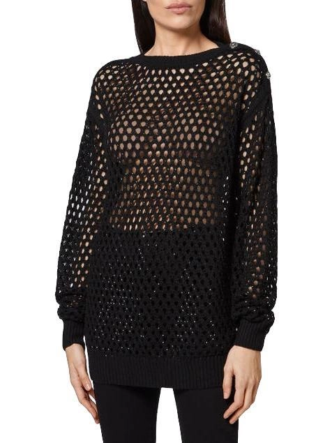 Philipp Plein Cashmere 5 Pullover Round Neck Ls Fishnet Crystal - Black
