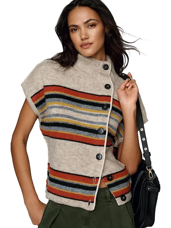 PILCRO Wool Blend Asymmetrical Button Sweater - Multi Stripe