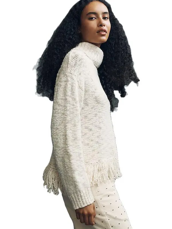 PILCRO 100% Cotton Frged Turtleneck Sweater - Antique Ivory