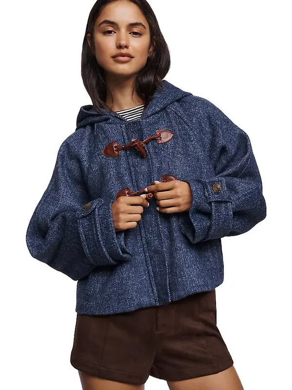 Maeve Wool Blend Toggle Hooded Jacket - Blue Pattern