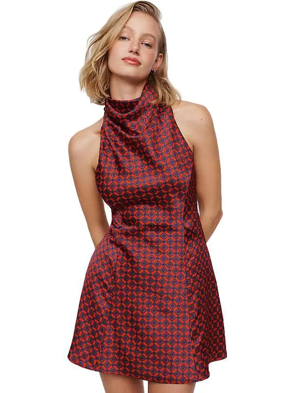 Anthropologie High Neck Cowl Mi Dress - Red Pattern