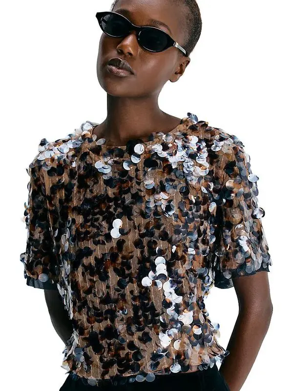 Maeve Sequed Boxy Tee - Brown Pattern