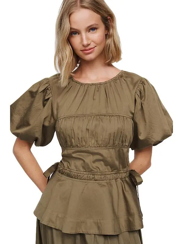 DAMSON MADDER Hadley 100% Cotton Puff Sleeve Blouse - Olive