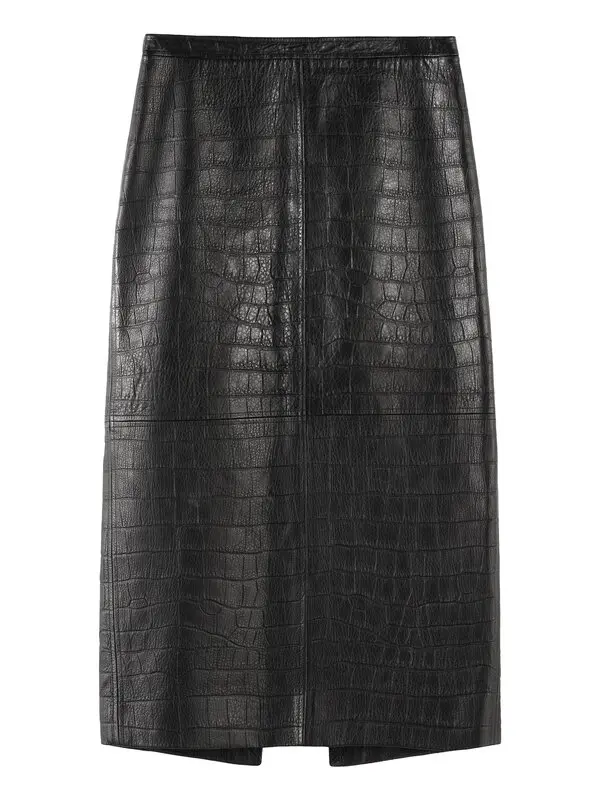 Arakii Exclusive Embossed Croco Leather Midi Skirt - Black