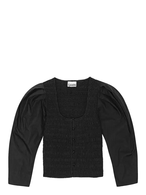 GANNI Cotton Poplin Smock Blouse - Black