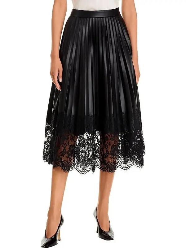 T Tahari Pleated Faux Leather & Lace Midi Skirt - Black