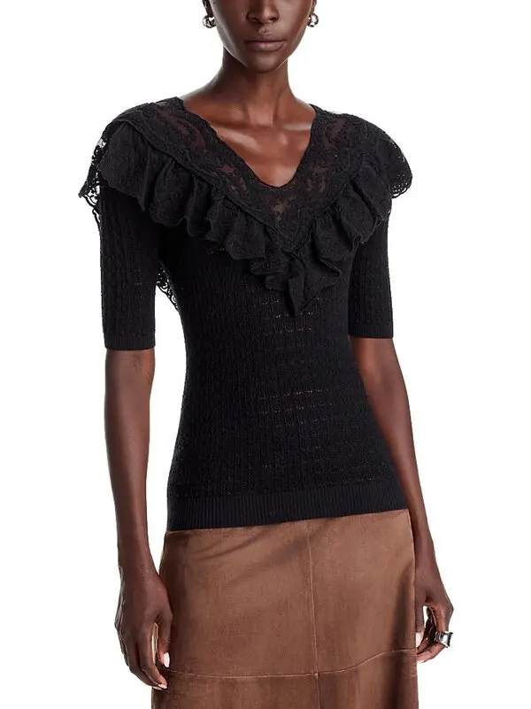 Sea Chandra Wool Ruffled Lace Trim Sweater - Black