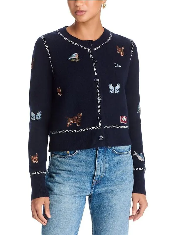 Sea Perrie Wool Blend Crewneck Cardigan - Navy