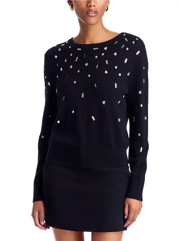 MILLY Holly Embellished Wool Blend Crewneck Sweater - Grey