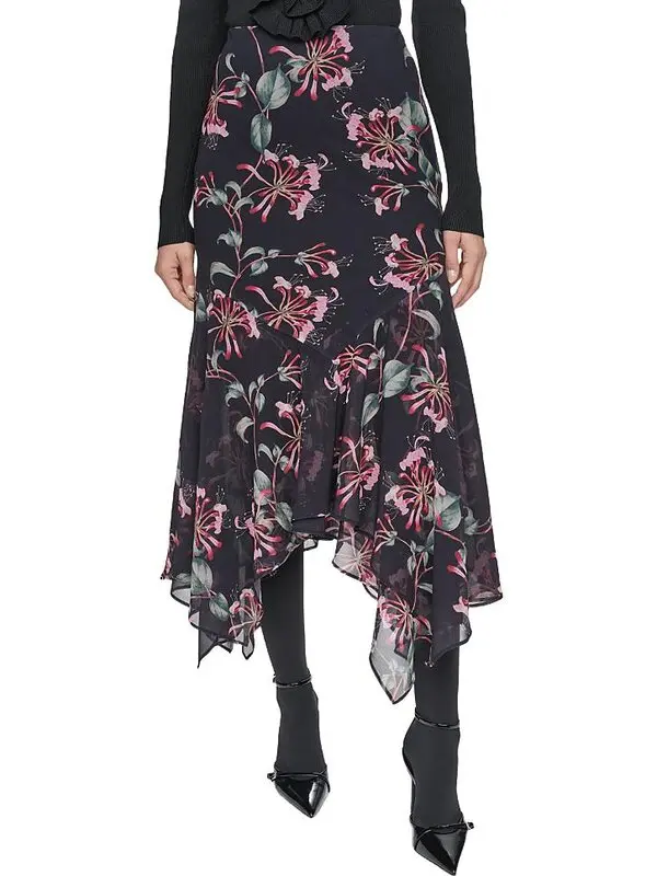 Sonia Rykiel Paris Floral Print Handkerchief Midi Skirt - Black Multi