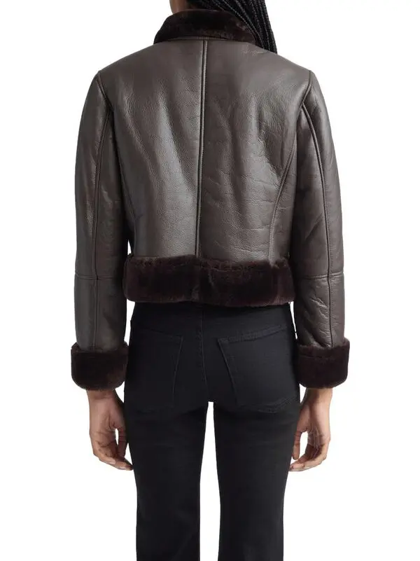 L'AGENCE Glacia Genuine Shearling Trim Leather Jacket - Dark Java