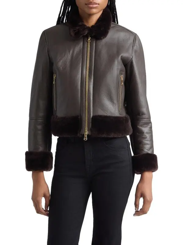 L'AGENCE Glacia Genuine Shearling Trim Leather Jacket - Dark Java