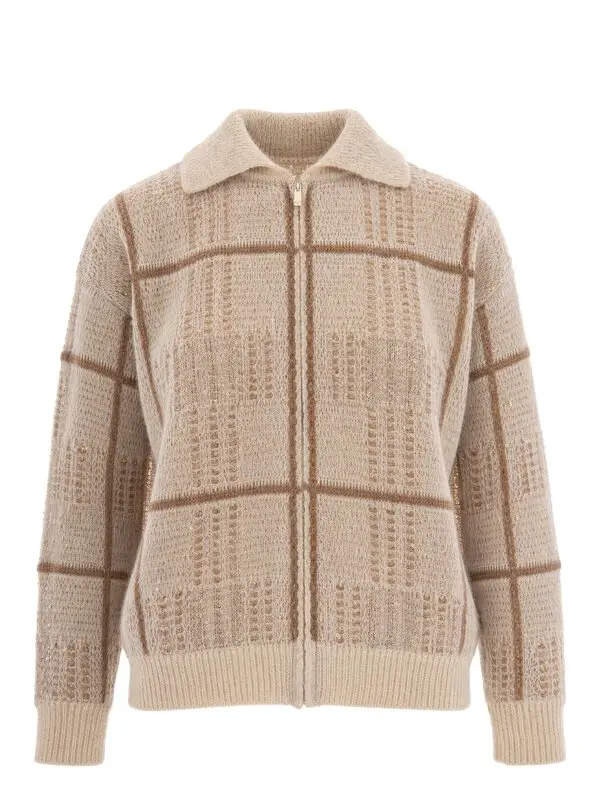 Max Mara Check-pattern Zip-front Knit Cardigan - Ecru
