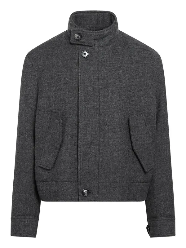 AMI Paris Padded Wool Harrington Jacket With High Neck & Horn Button Details - Grey
