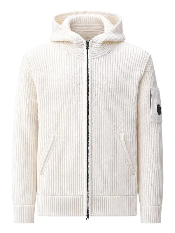 C.P. COMPANY C. P. Company Ribbed Knit Zip-up Hooded Sweater - Gauze White