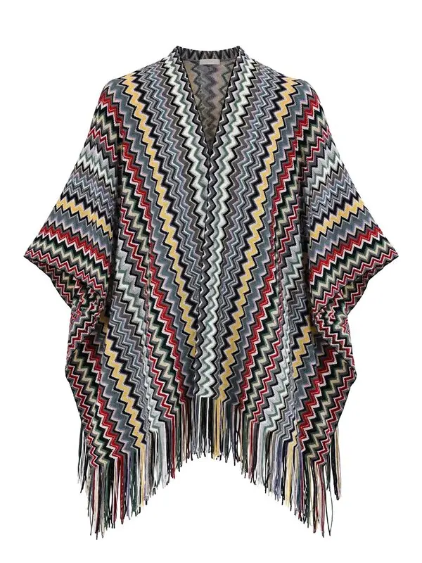 Missoni Zig-zag Knit Poncho With Fringes - Grey