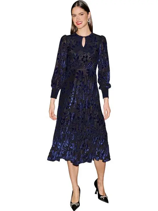 YUMI Velvet Floral Midi Dress - Blue