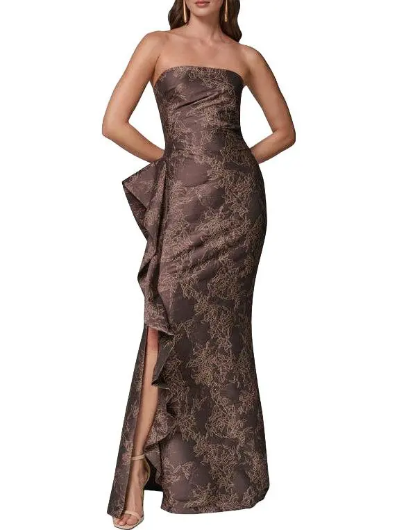 Donna Karan New York Strapless Metallic Ruffle Slit Gown - Truffle