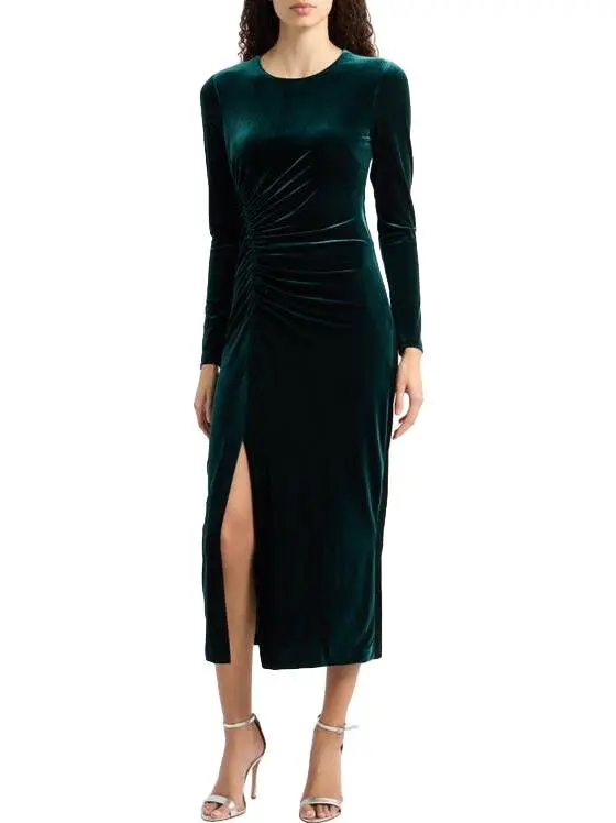 Vince Camuto Ruched Waist Long Sleeve Velvet Dress - Hunter