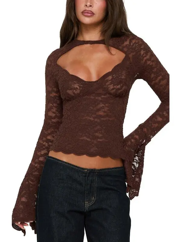 Princess Polly Karmel Cutout Lace Top - Brown