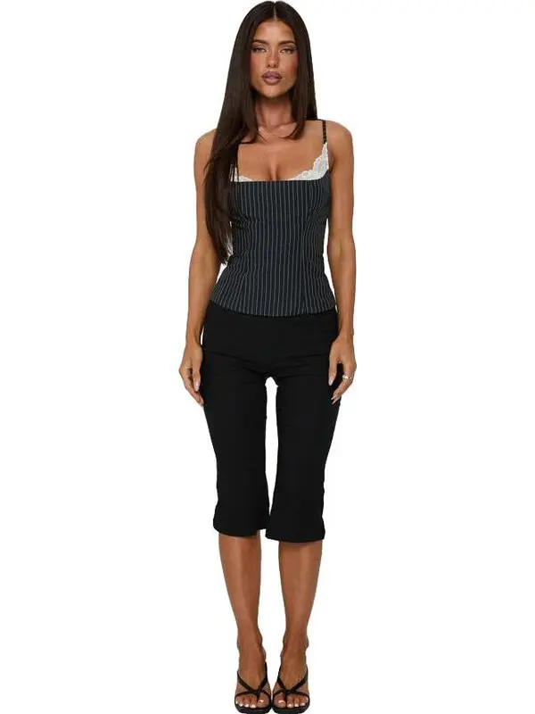Princess Polly Renaissance Pinstripe Lace Layered Crop Corset Tank - Navy Pinstripe