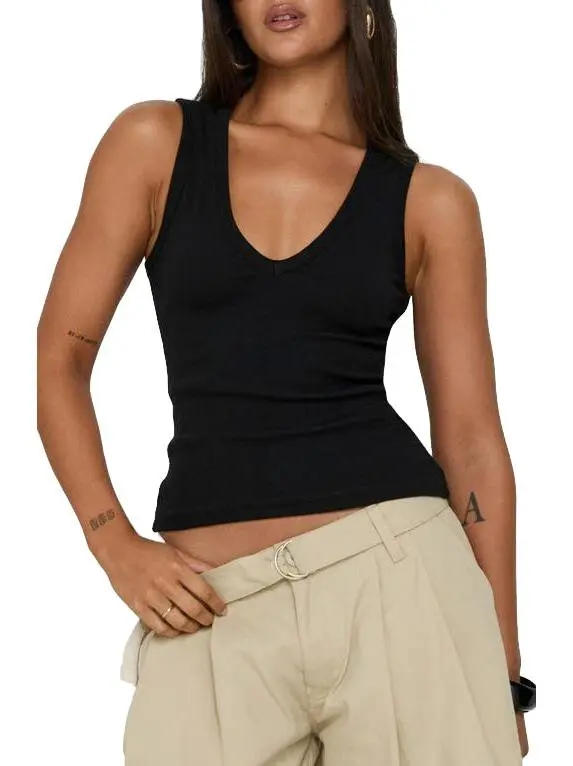 Princess Polly Baseline V-neck Rib Tank Top - Black