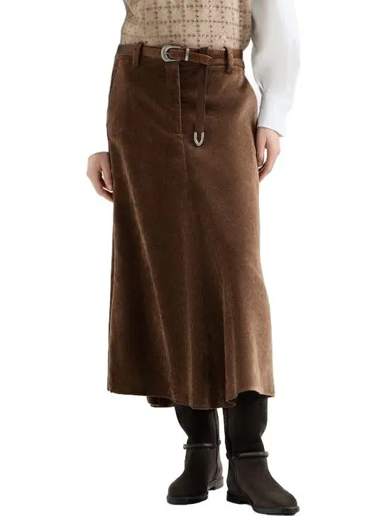 Brunello Cucinelli Fluid Corduroy Flute Skirt With Monili - Cigar