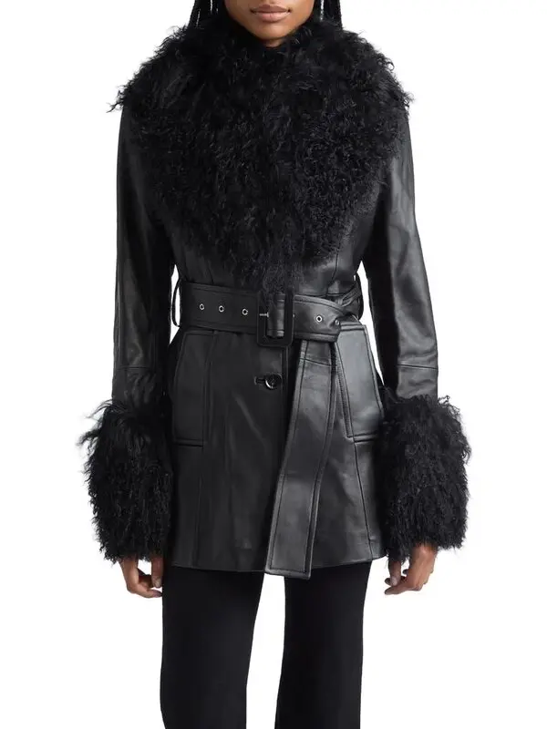 STAND STUDIO Mimmi Leather Jacket With Genuine Mongolian Shearling Trim - Black