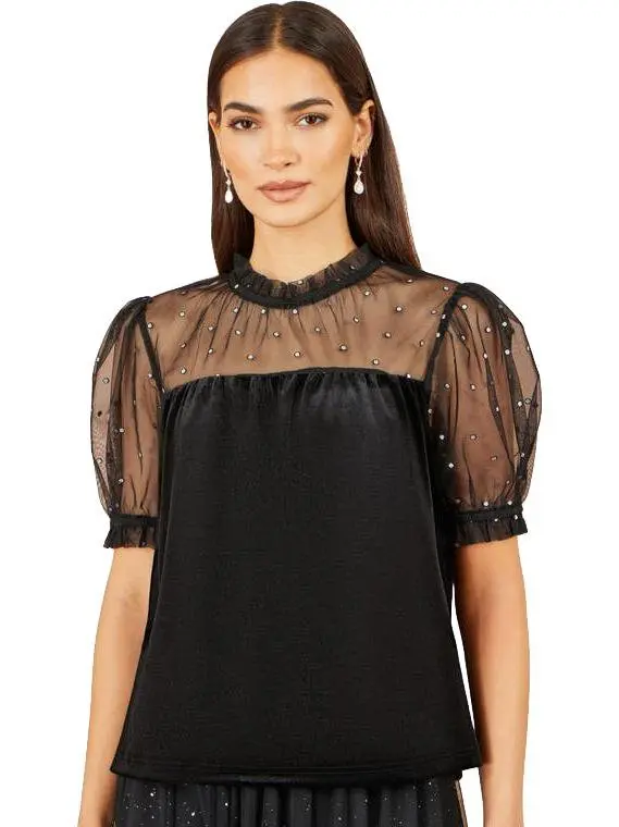YUMI Velvet Mesh Embellished Top - Black
