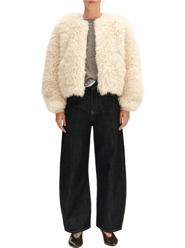Bimba Y Lola Faux Fur Cropped Bomber Jacket - Ivory