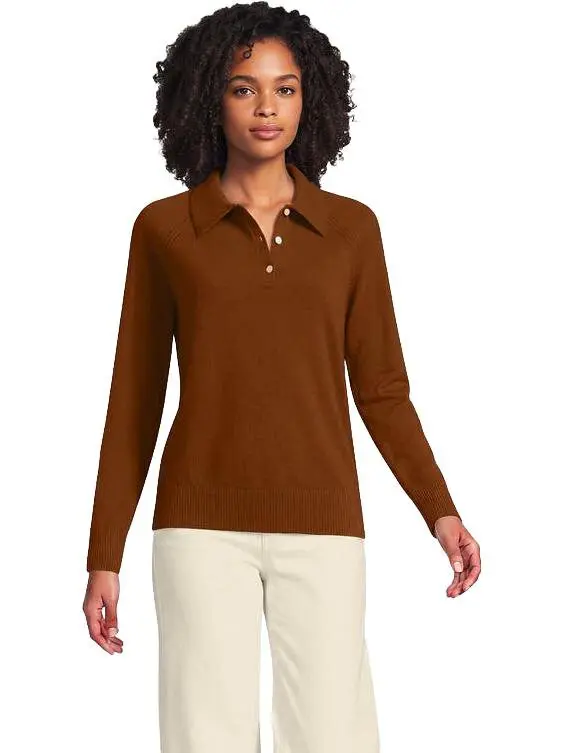LANDS' END Cashmere Polo Sweater - Rich Saddle