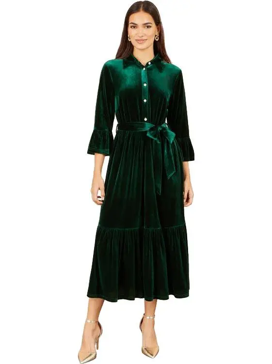 YUMI Fluted Sleeves Velvet Midi Dress - Green