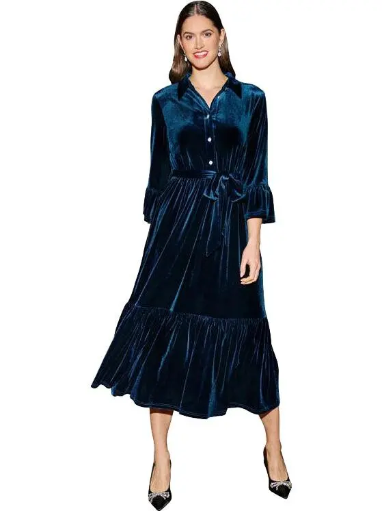 YUMI Fluted Sleeves Velvet Midi Dress - Teal