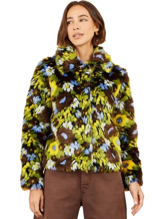 YUMI Faux Fur Abstract Print Jacket - Multi