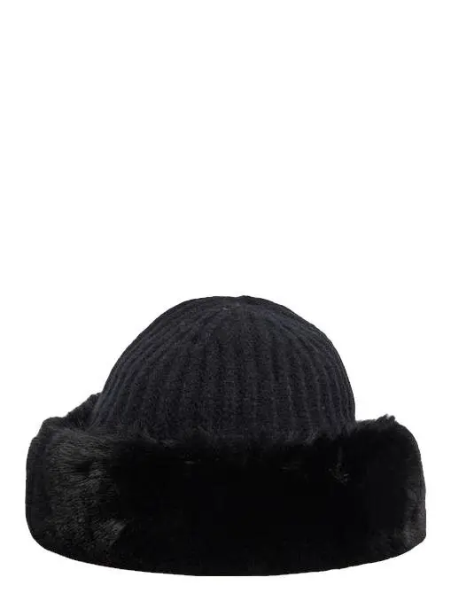 Treasure & Bond Faux Fur Trim Ribbed Knit Cloche - Black