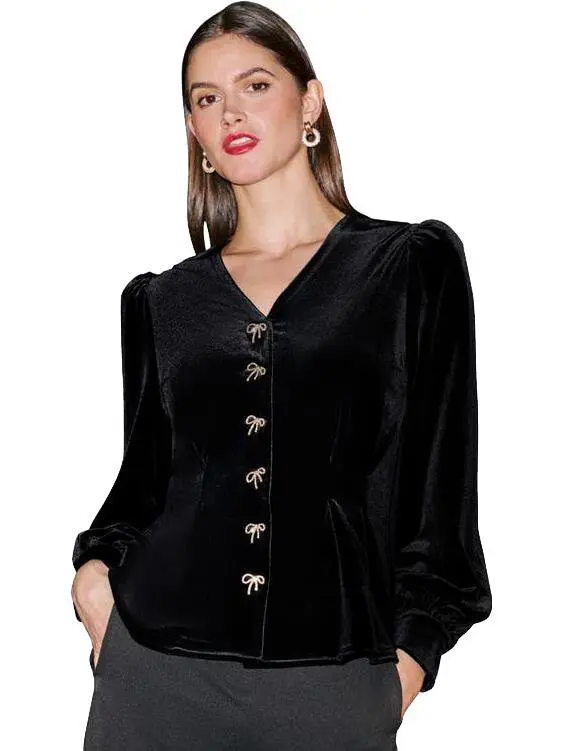 YUMI Peplum Bow-button Blouse - Black