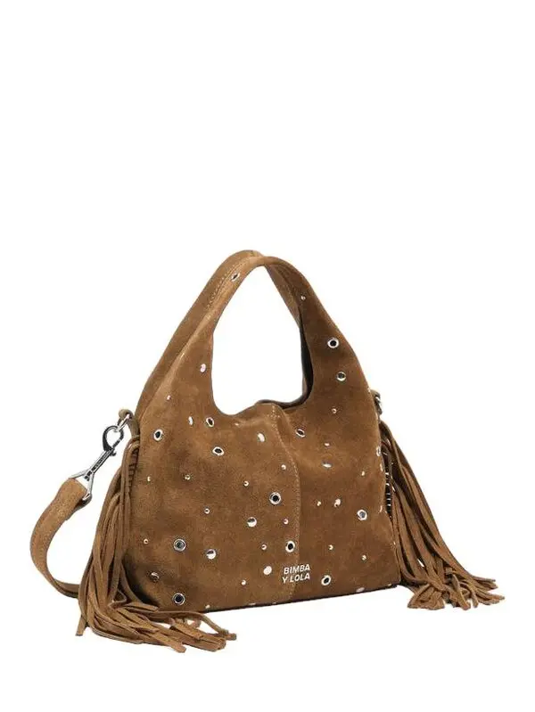 Bimba Y Lola Small Suede Paper Bag With Fringing And Studs - Olive