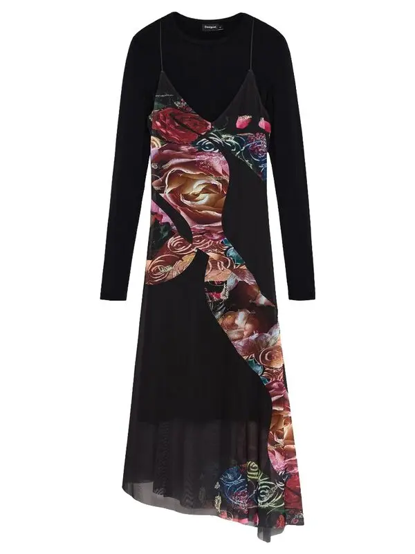 Desigual Asymmetric Floral Long Sleeve Dress - Black