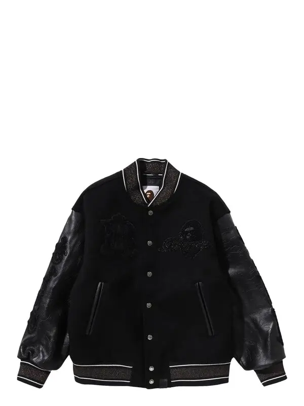 A BATHING APE Camo Logo Wool Varsity Jacket - Black