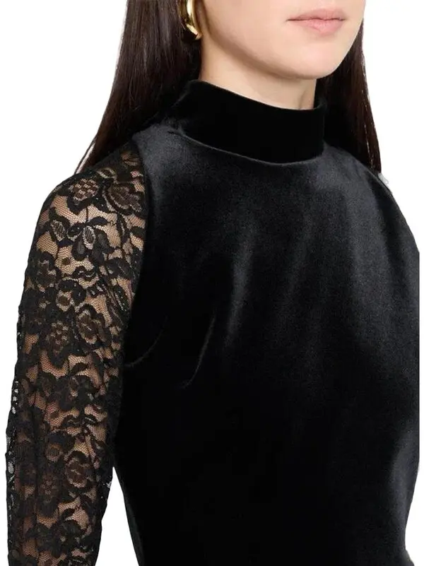 Chiara Boni La Petite Robe Garim Pleated Lace-sleeve Velvet Gown - Black