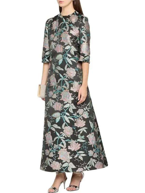 REEM ACRA Metallic Floral Brocade 3/4-sleeve Kaftan Gown - Black Mult