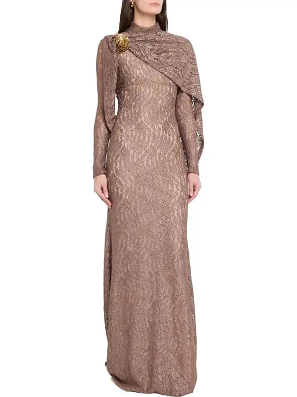 REEM ACRA Long-sleeve Shimmering Lace Draped Gown With Brooch - Bronze