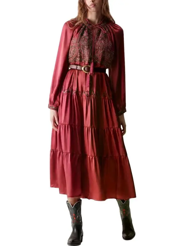 FORTELA Arsia Embroidered Silk Midi Dress - Red