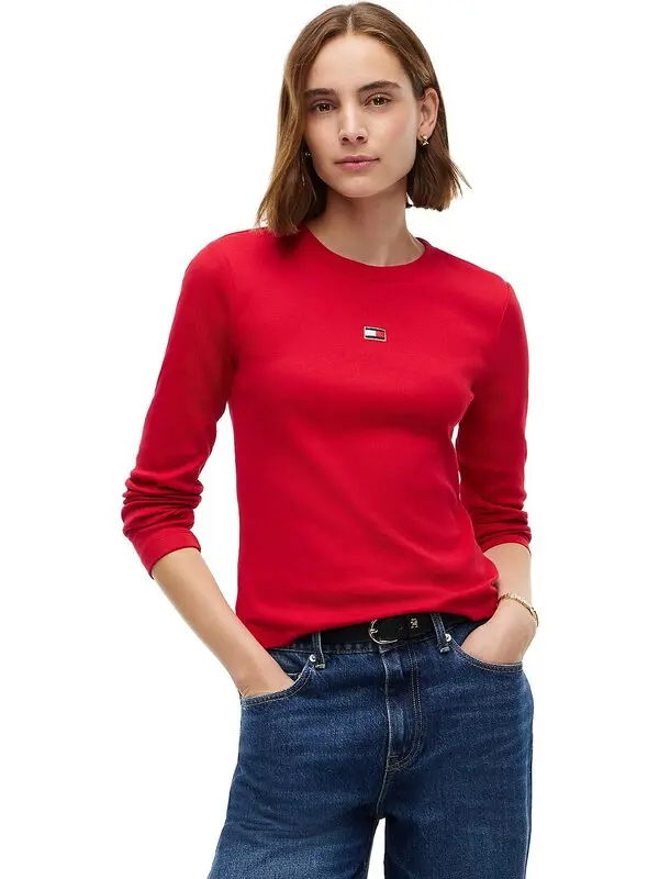 Tommy Hilfiger Embroidered Flag Logo Rib-knit T-shirt - Medium Red