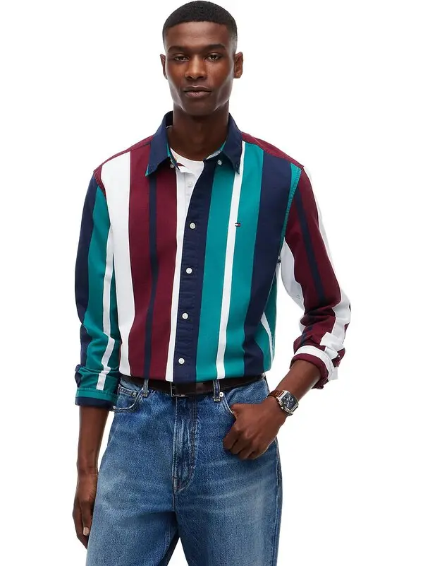 Tommy Hilfiger Regular Fit Mixed-stripe Oxford Shirt - Optic White/burgundy Stripe